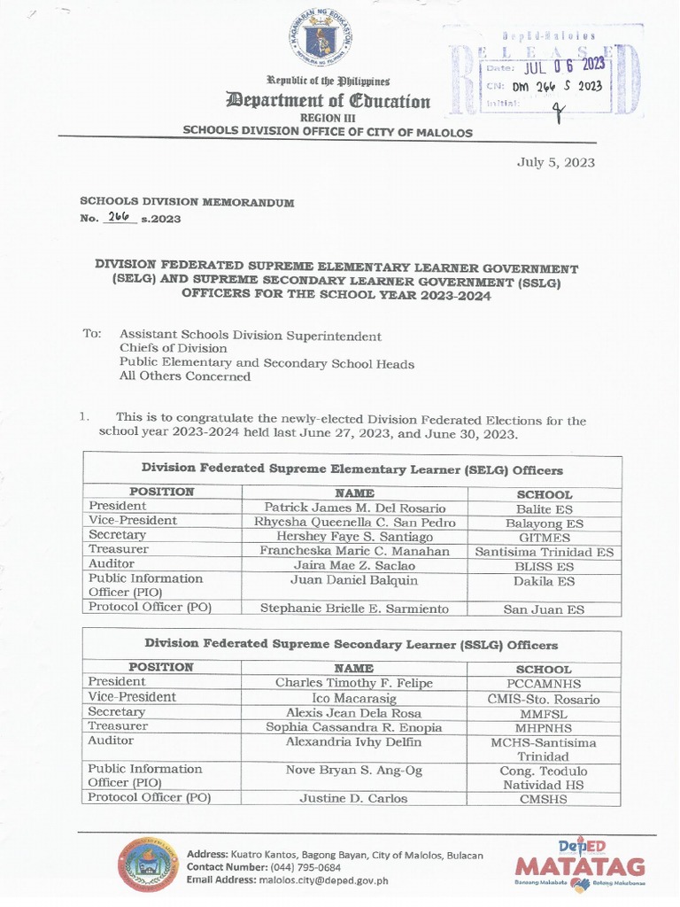DM 266 S 2023 Division Federated Supreme Elementary Learner Government SELG and Supreme ...