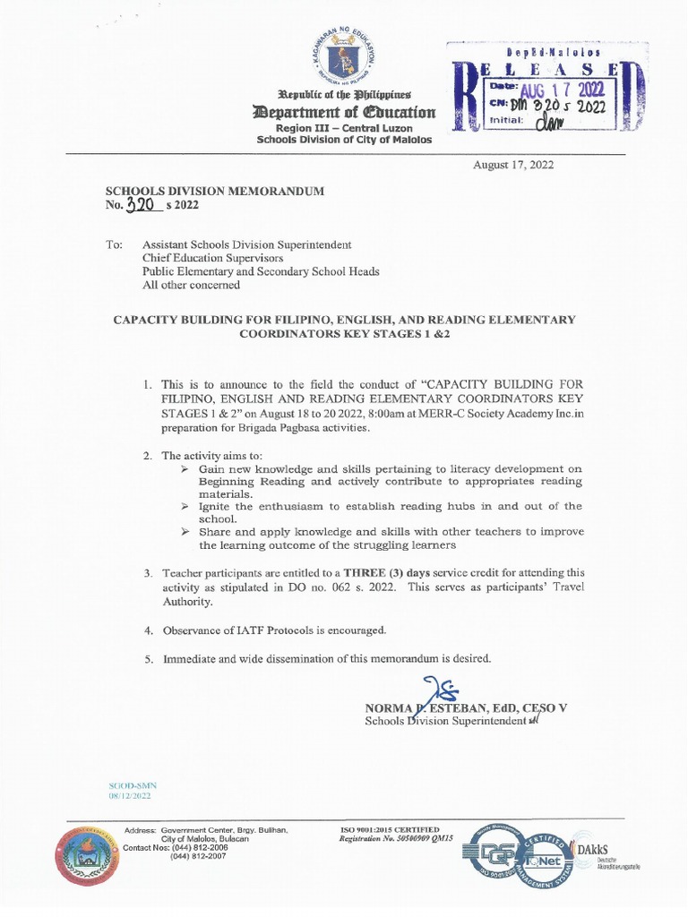 DM 320 S 2022 Capacity Building For Filipino English and Reading ...