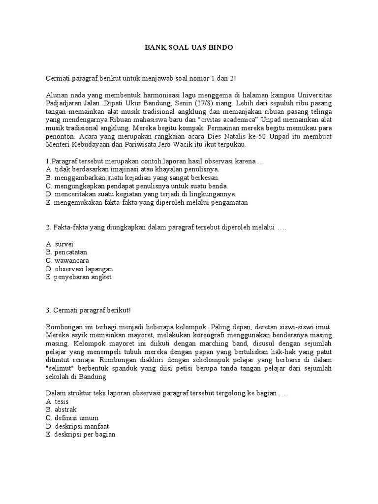 BANK SOAL UAS BINDO Semester 1 | PDF
