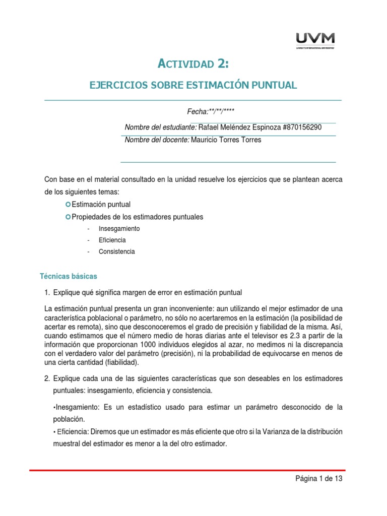 A2_EJERCICIOS SOBRE ESTIMACIÓN PUNTUAL | PDF | Estimador | Margen de error