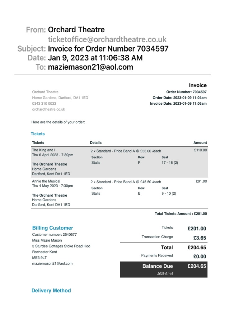 Orchard Theatre Ticket Invoice Details | PDF | Business | Economies