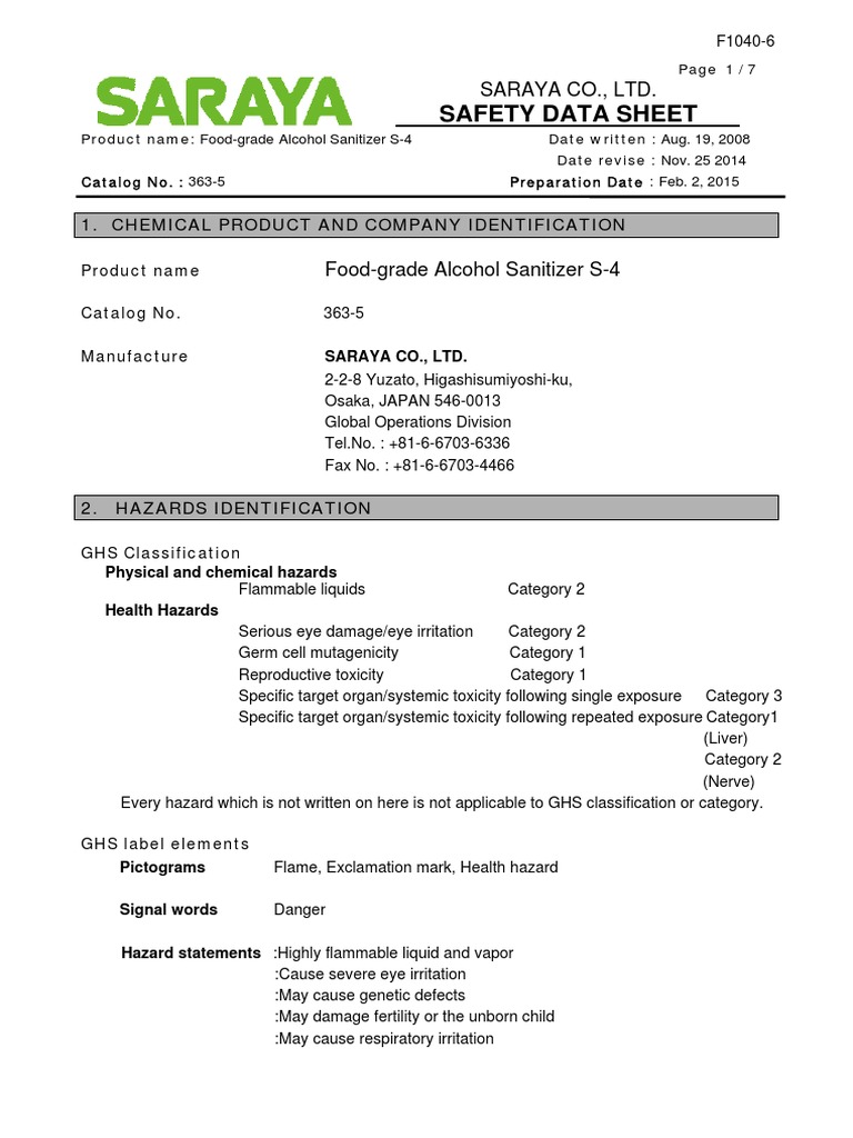 MSDS - Alcohol-Sanitizer-S4 | PDF | Materials | Working Conditions