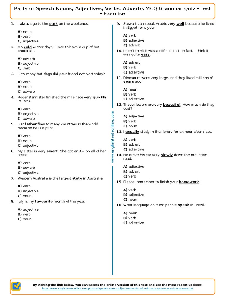 Parts of Speech MCQ Quiz and Answers | PDF | Adjective | Adverb