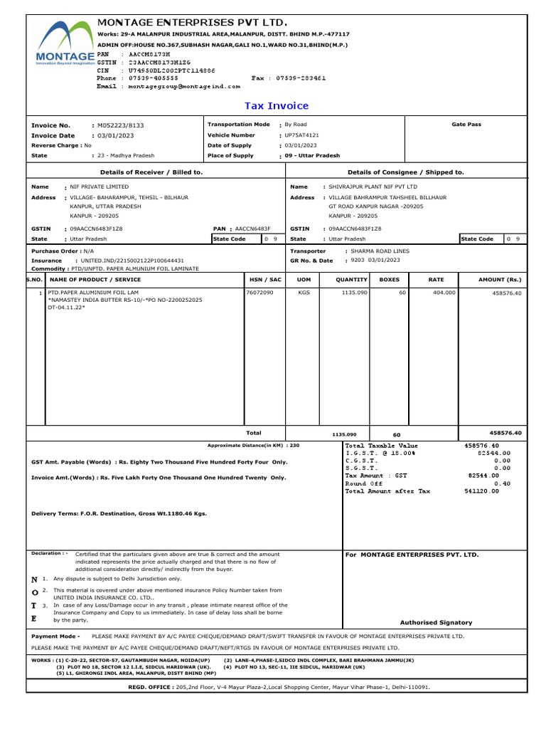 Montage Enterprises PVT LTD.: Tax Invoice | PDF | Payments | Cheque