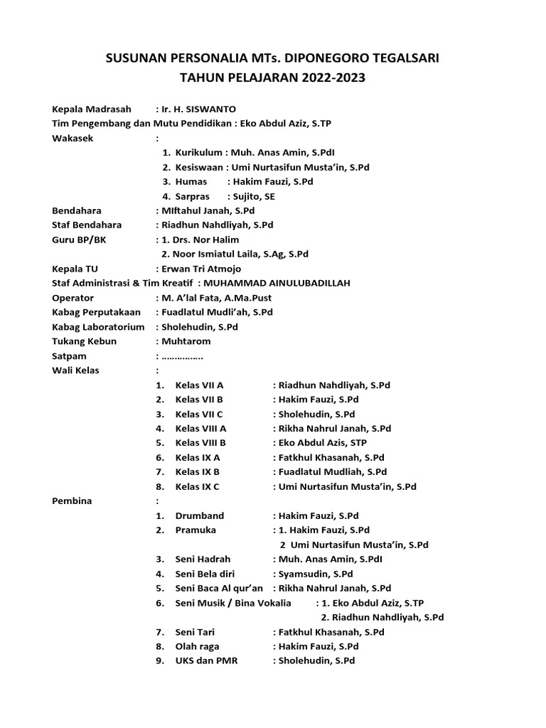 SUSUNAN PERSONALIA MTs | PDF