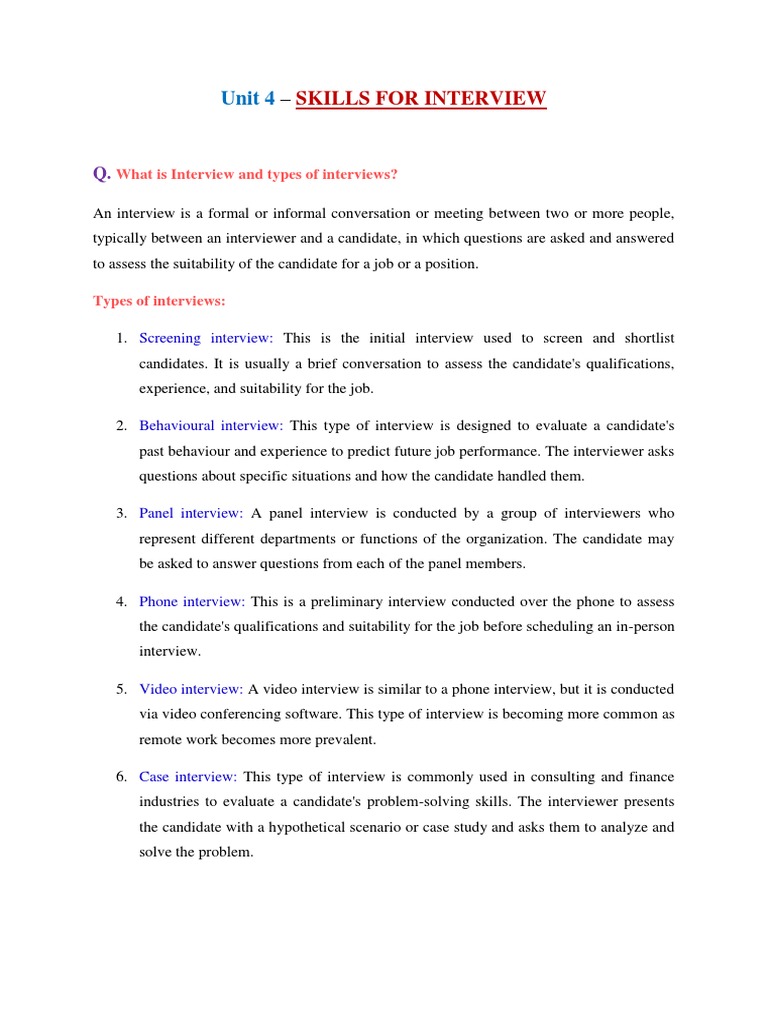 Unit 4 INTERVIEW SKILLS | PDF | Job Interview | Interview