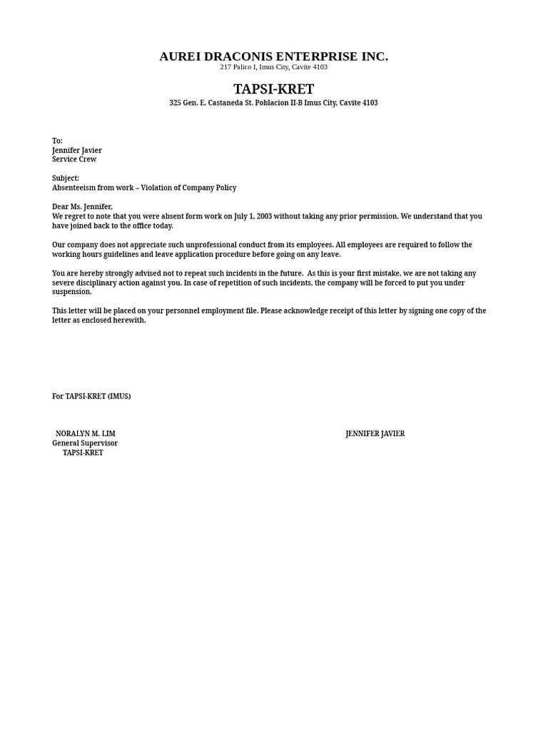 TS-Memorandum - Jennifer Javier - Absenteeism | PDF