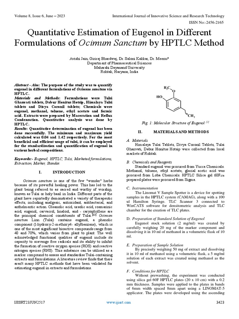 Quantitative Estimation of Eugenol in Different Formulations of Ocimum Sanctum by HPTLC Method ...