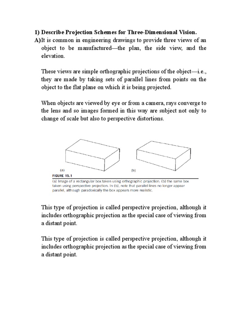 1) Describe Projection Schemes For Three-Dimensional Vision. A) It Is ...