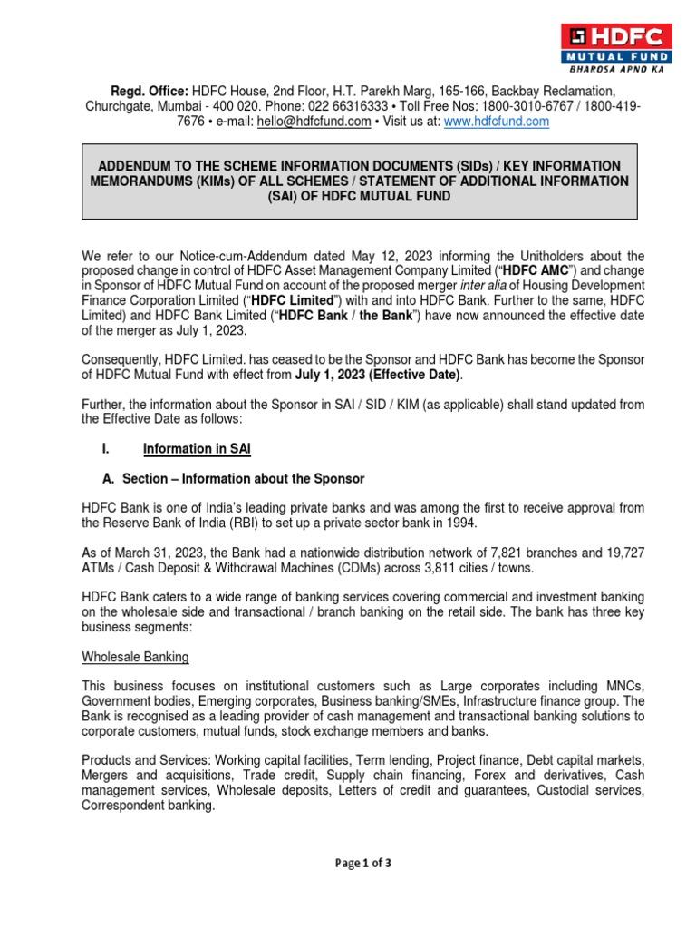 1178-Addendum-Change in Sponsor - HDFC LTD To HDFC Bank - July 1, 2023 | PDF | Banks | Debit Card