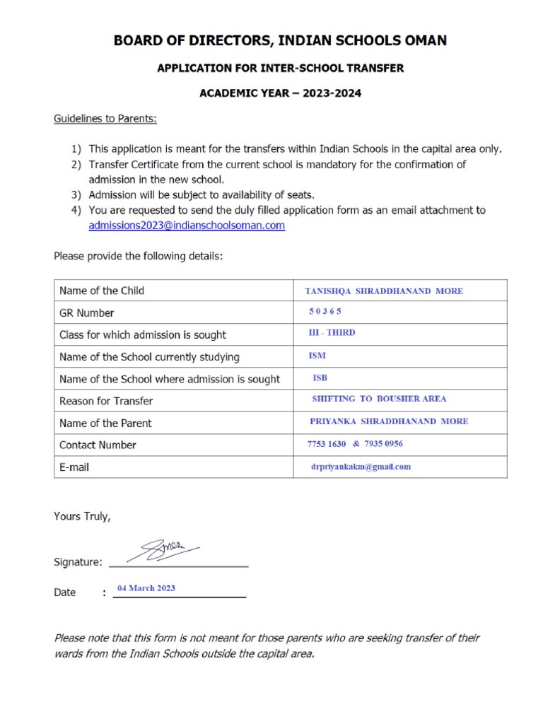 Application For Inter-School Transfer - Tanishqa More 04 March 2023 | PDF