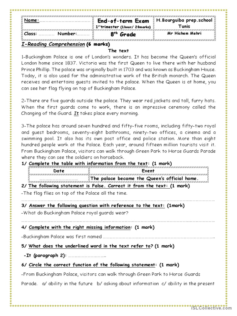 3 Page 8th Grade Test - Reading Comprehension and Writing Exercise ...