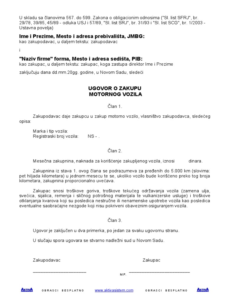 Ugovor O Zakupu Motornog Vozila | PDF