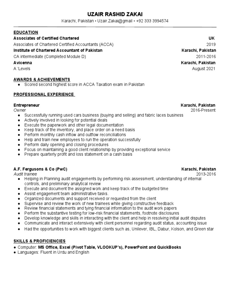 Uzair Rashid - Resume | PDF | Accountant | Business