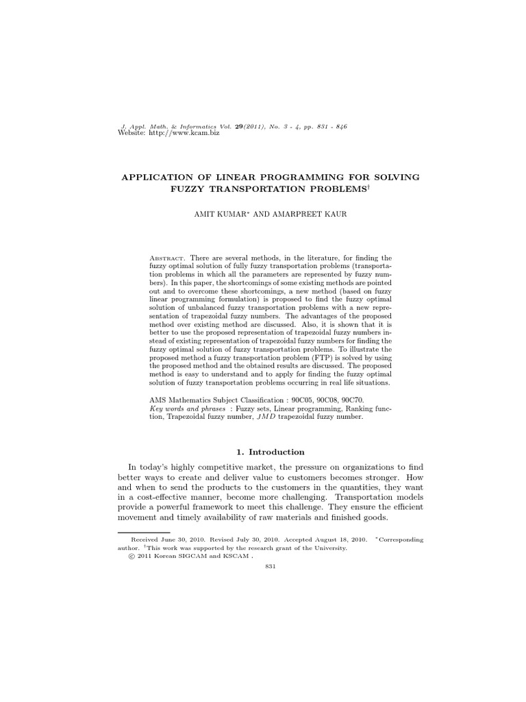 Application Of Linear Programming For Solving Fuzzy Transportation Problems Pdf Fuzzy Logic