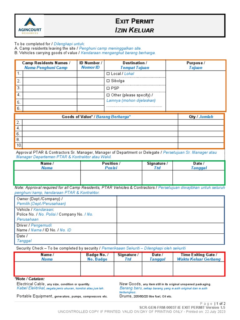 Exit Permit Form - IE | PDF