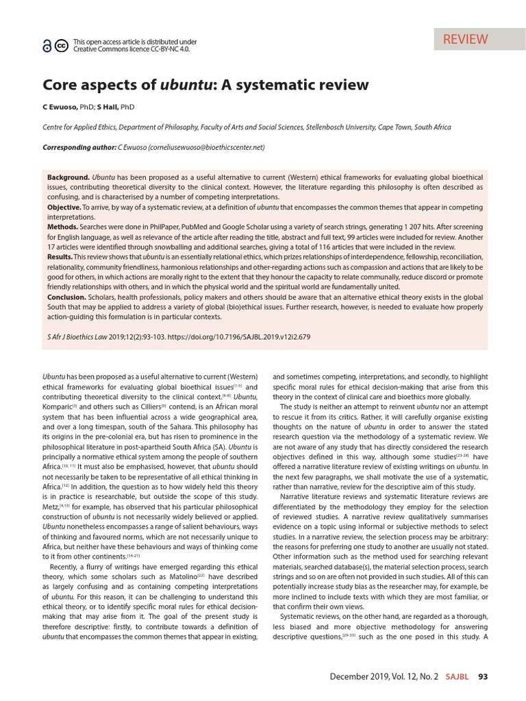 Core Aspects of Ubuntu - A Systematic Review Ewuoso and Hall | PDF | Systematic Review | Methodology