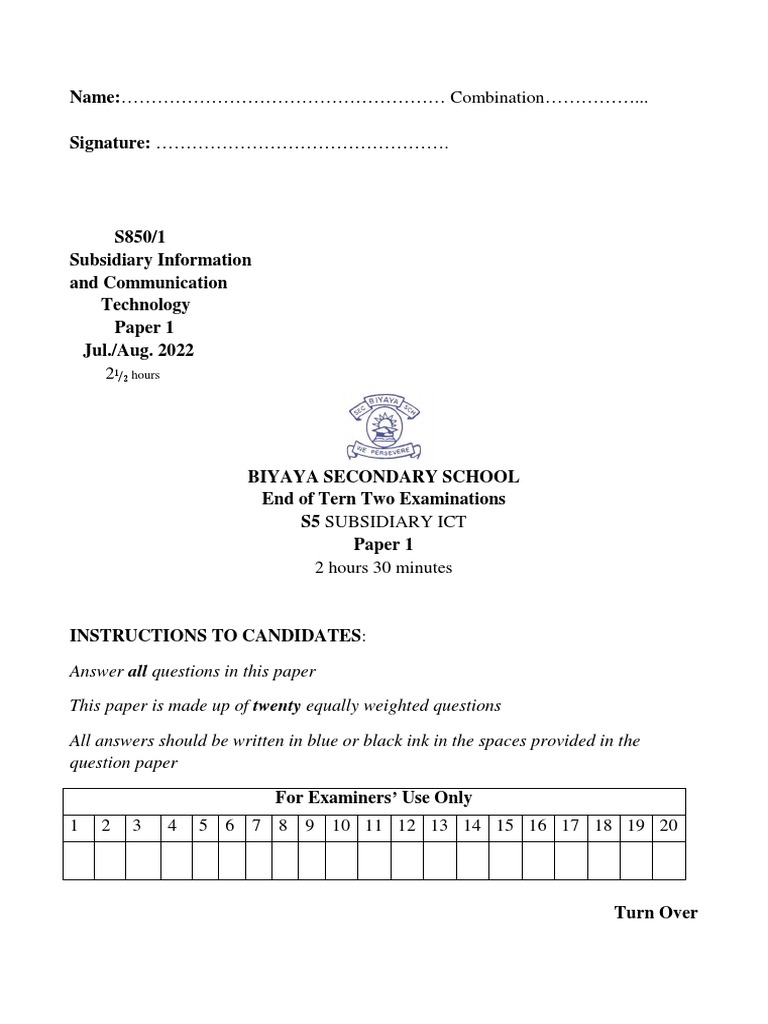 S5 Subsidiary ICT Exam Paper 1 2022 | PDF | Application Software ...