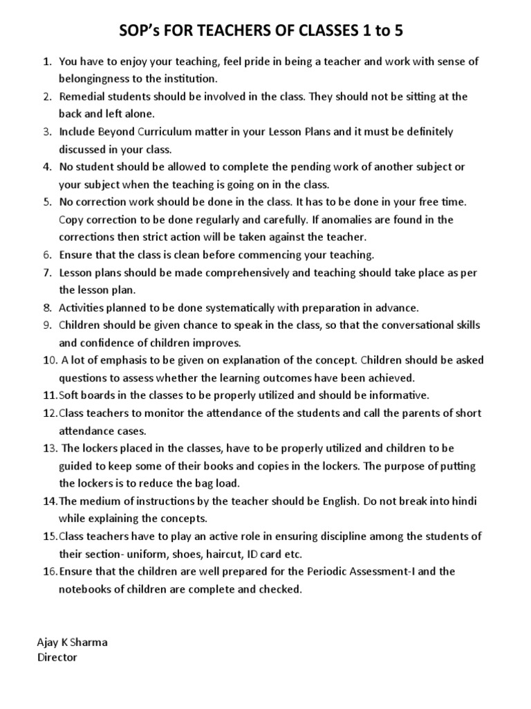 Sop'S For Teachers of Classes 1 To 5 | PDF | Career & Growth | Language ...