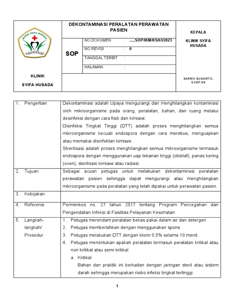 SOP Dekontaminasi Alat Klinik | PDF