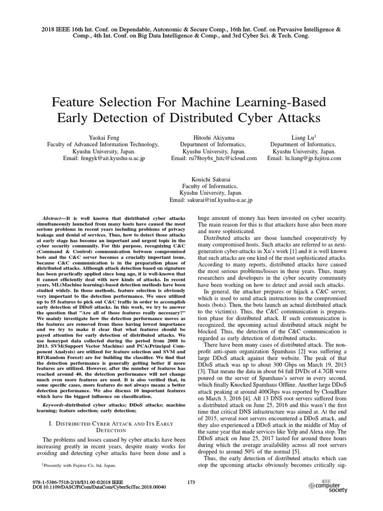 Feature Selection For Machine Learning-Based Eraly Detection of Distributed Cyber Attacks ...