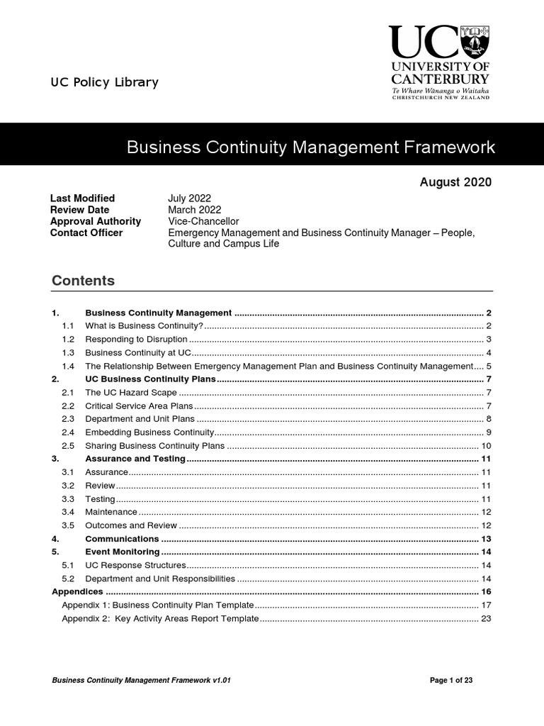 Business Continuity Management Framework v1.01 | PDF | Hazards ...