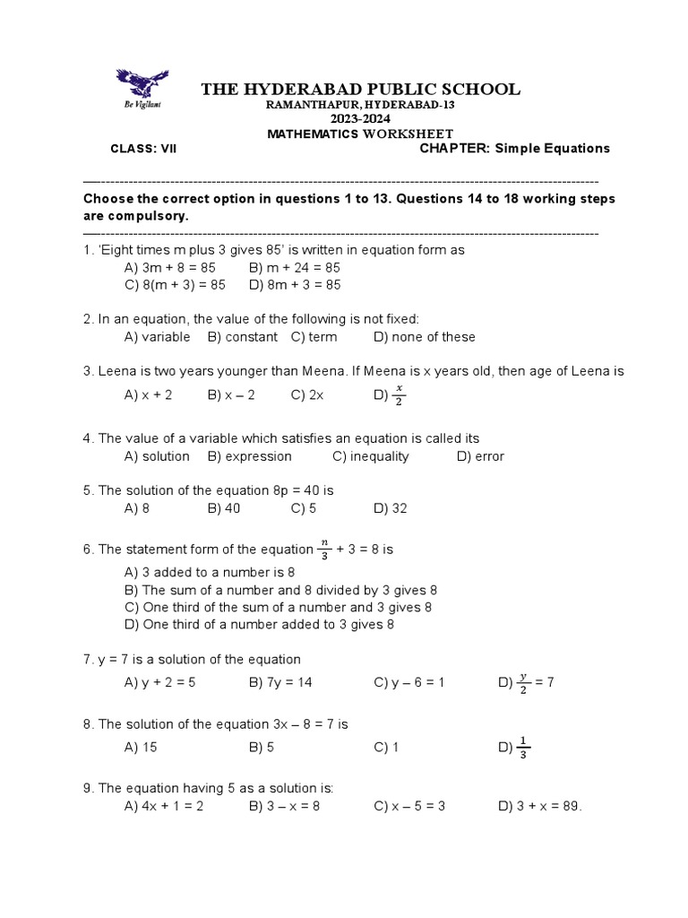Cl. 7 Ch. 4. Simple Equations Worksheet | PDF | Equations | Triangle