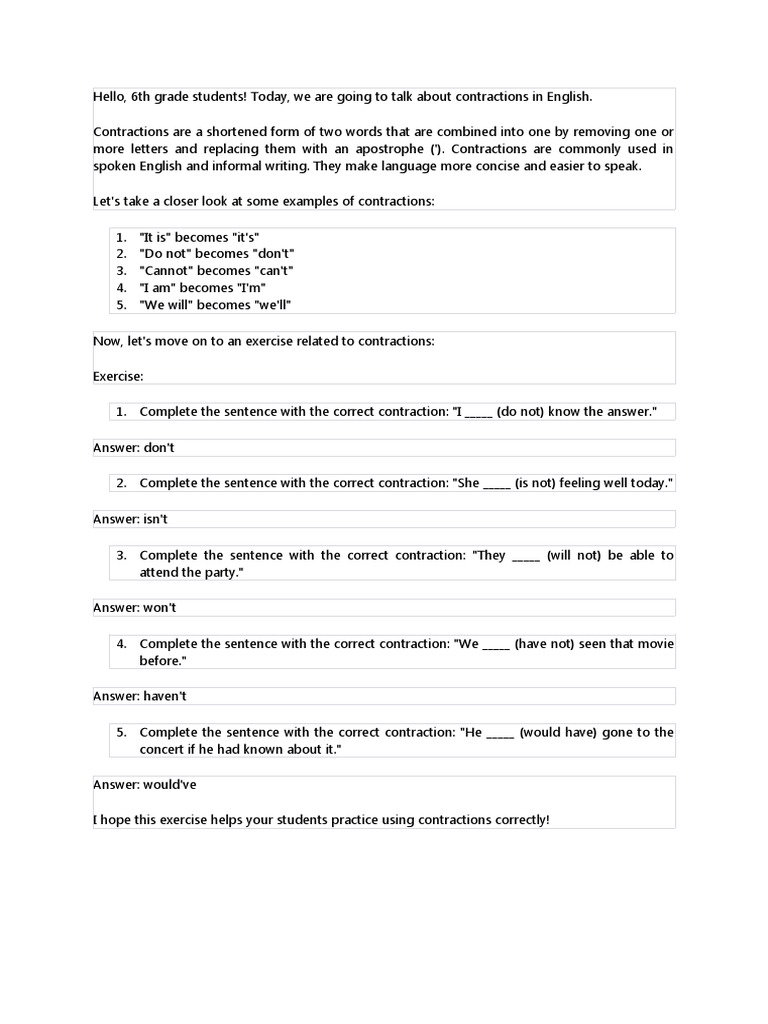 Understanding Contractions for 6th Graders | PDF | Language Arts ...