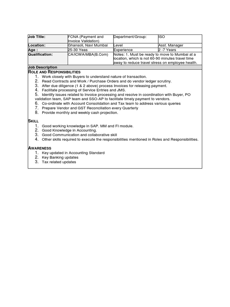 Job Description - Payment & Invoice Validation | PDF