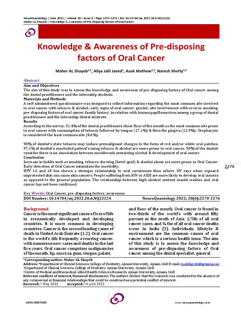 NeuroQuantology Publication June 2022 Vol 20 Issue 6 AU Category B Journal | PDF | Cancer ...
