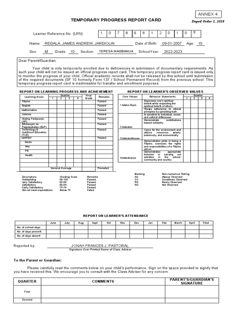 Annex 4 Temporary Progress Report Card DO 3 2018 | PDF | Learning
