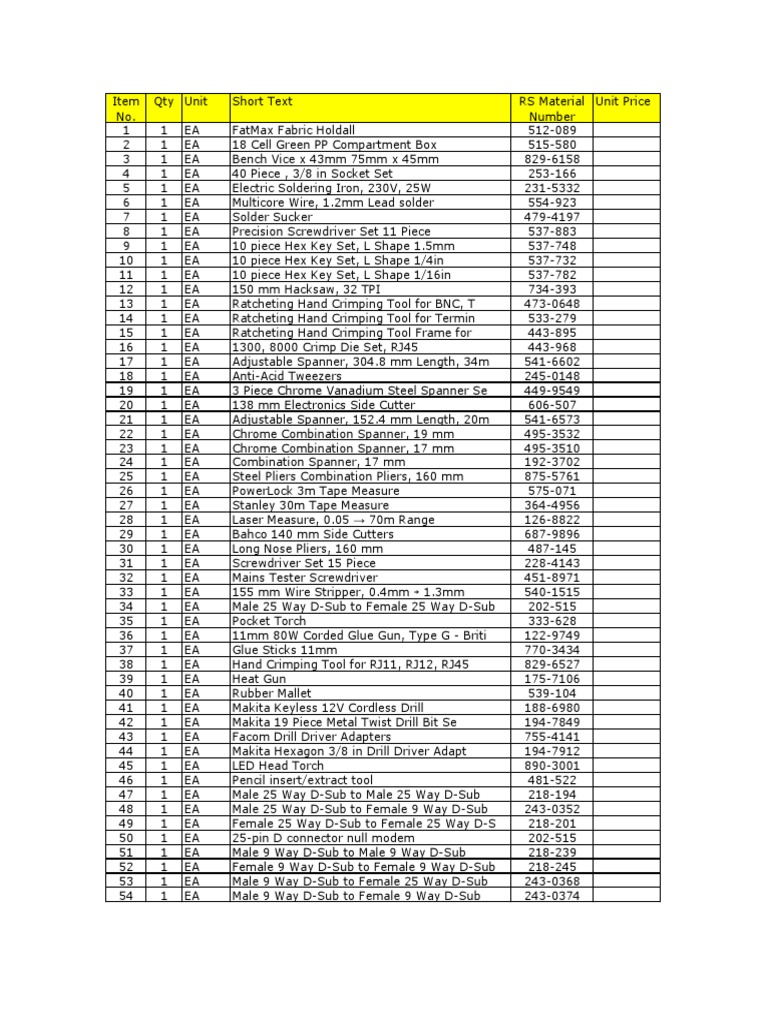 Tool and Cable Inventory List | PDF | Physical Layer Protocols ...