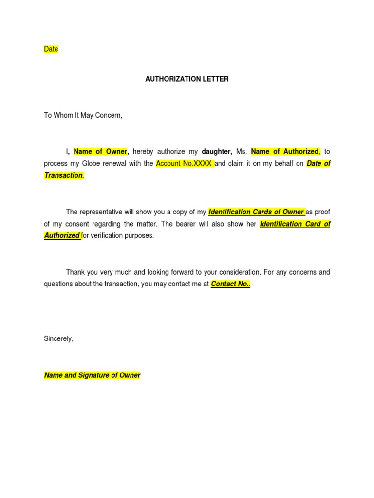 Authorization Letter for Globe Renewal | PDF | Finance & Money ...