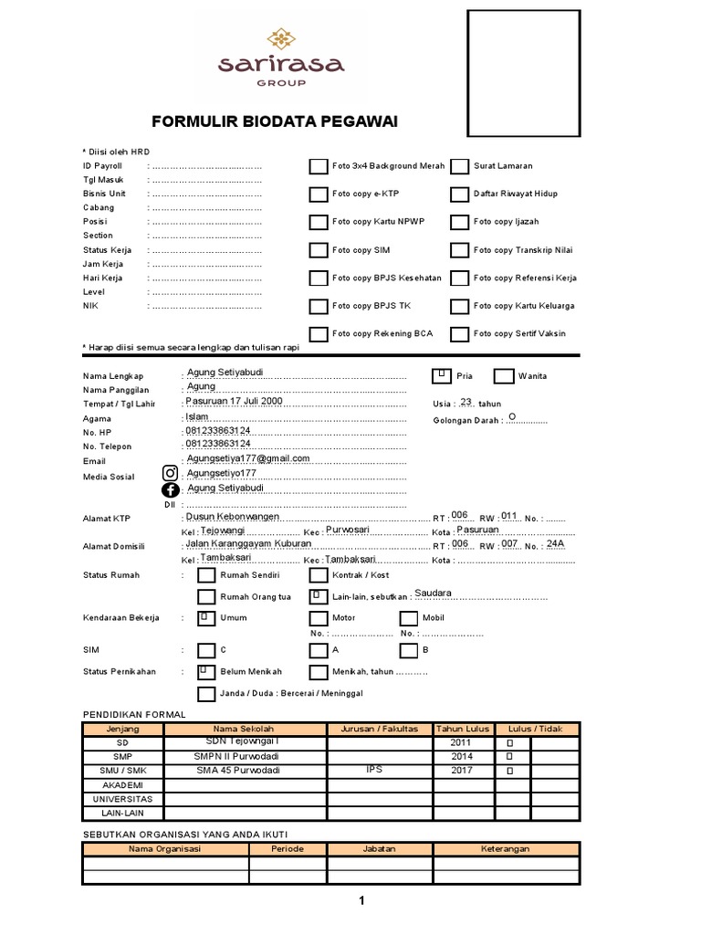 Form Data Diri | PDF