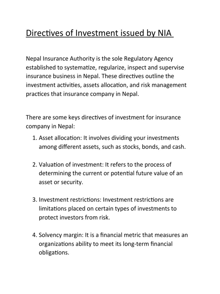 Directives of Investment Issued by NIA | PDF