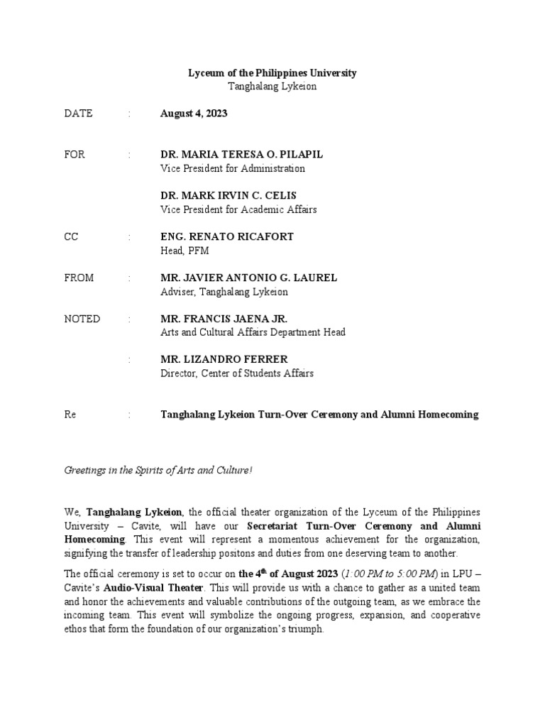 DRAFT Tanghalang Lykeion Turn Over Ceremony and Alumni Homecoming | PDF