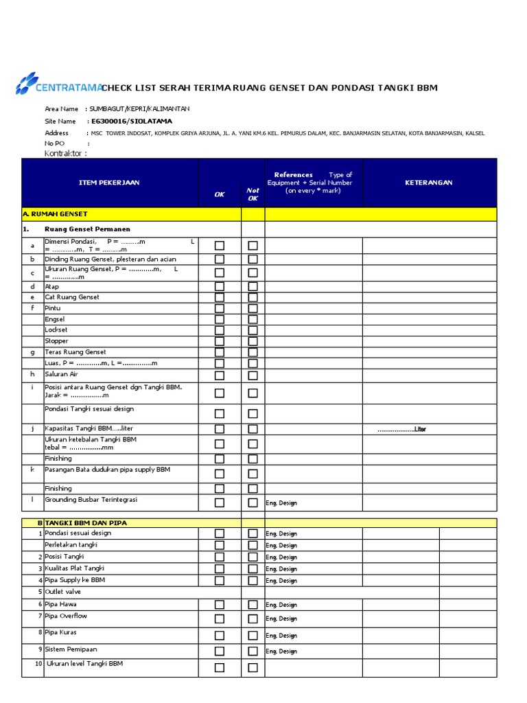 Atp Form Genset Civil Shelter Id E6300016 Siolatama Rgu 055949 | PDF