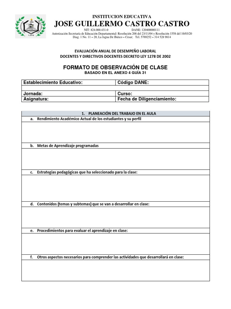Formato Observacion de Clase JGCC | PDF | Enseñando | Evaluación