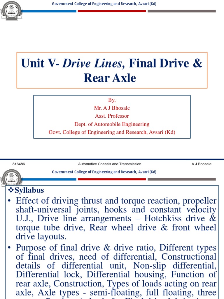 Unit 5-Drive Lines, Final Drive - Rear Axle | PDF | Axle | Gear