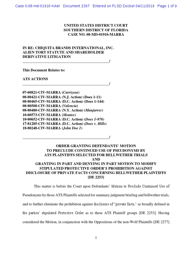 Chiquita DKT 2397 (Modification Order) | PDF | Lawsuit | Discovery (Law)