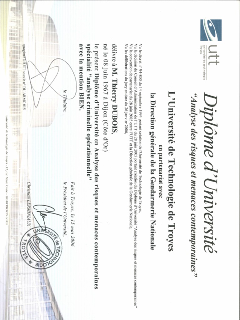 Diplome Universitaire UTT ARMC-ACO Thierry DUBOIS | PDF