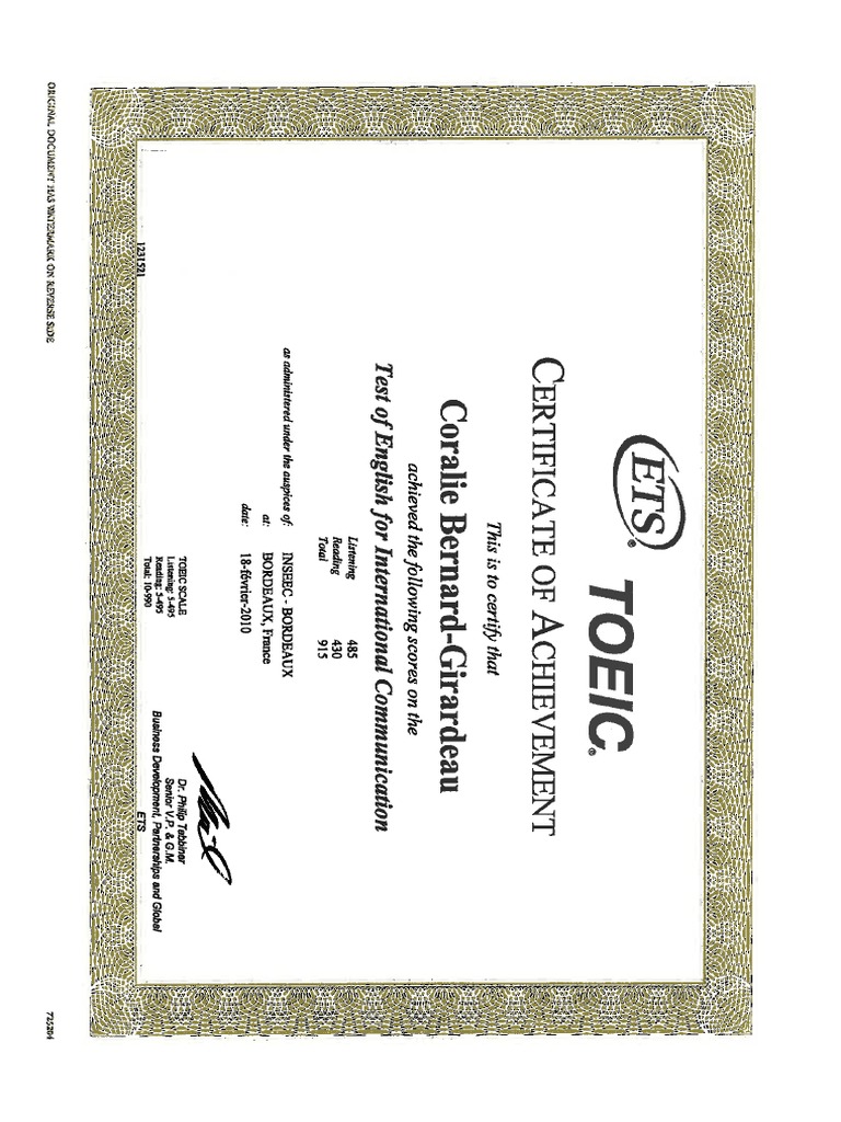 Attestation + score TOEIC 2010 | PDF