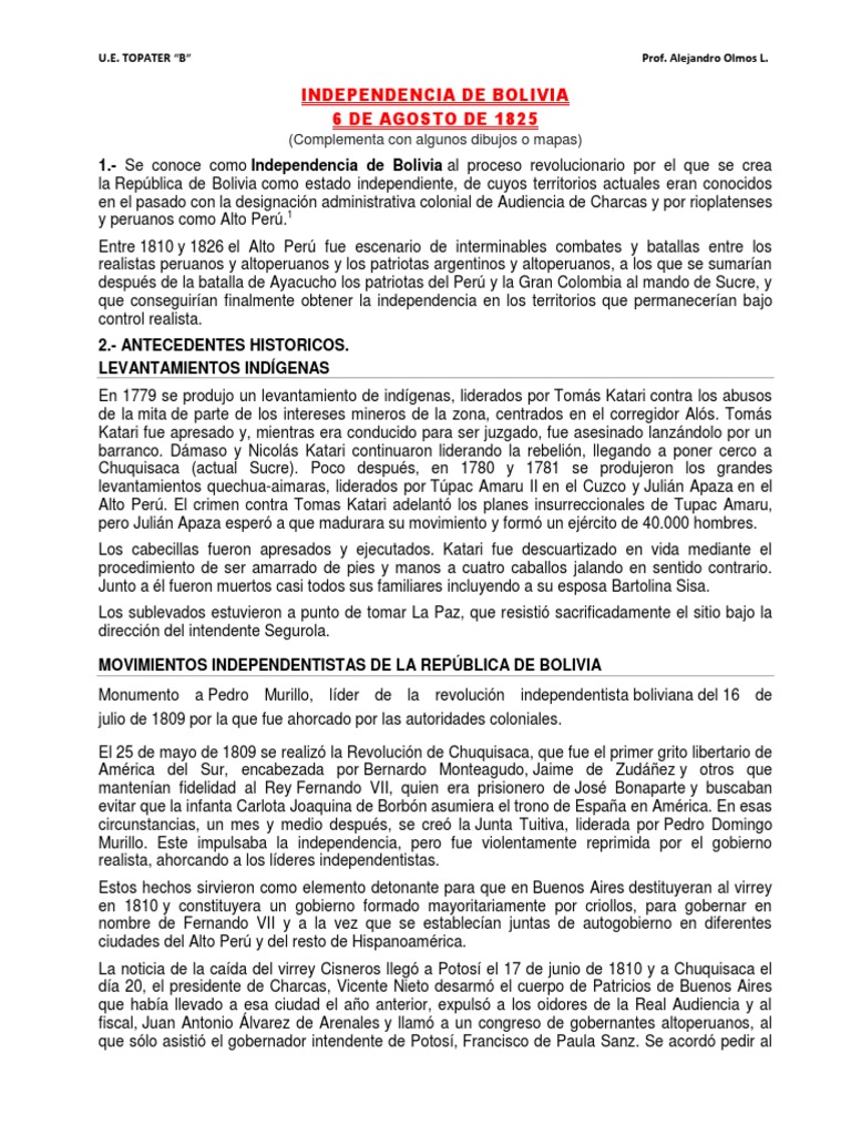 Independencia de Bolivia | PDF | Comunidad andina | América del Sur