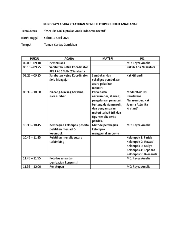 Rundown Acara Pelatihan Menulis Cerpen Untuk Anak | PDF