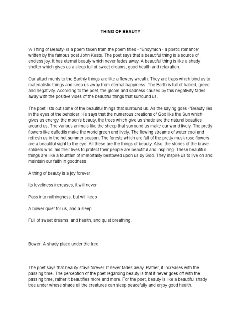 Thing of Beauty Notes | PDF