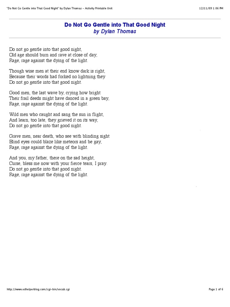 "Do Not Go Gentle Into That Good Night" by Dylan Thomas | PDF | Poetry ...