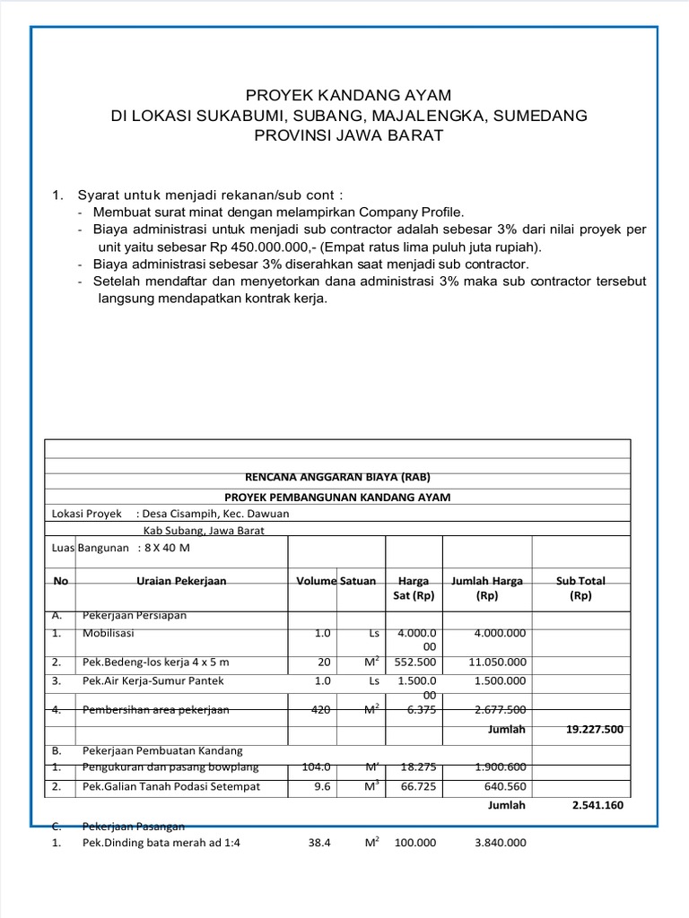 Contoh RAB Kandang Ayam | PDF