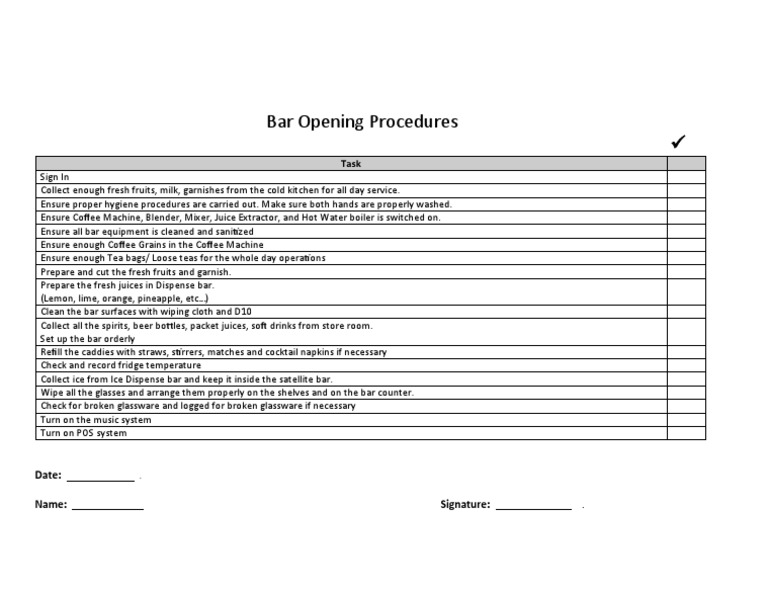 Bar Opening Procedure | PDF