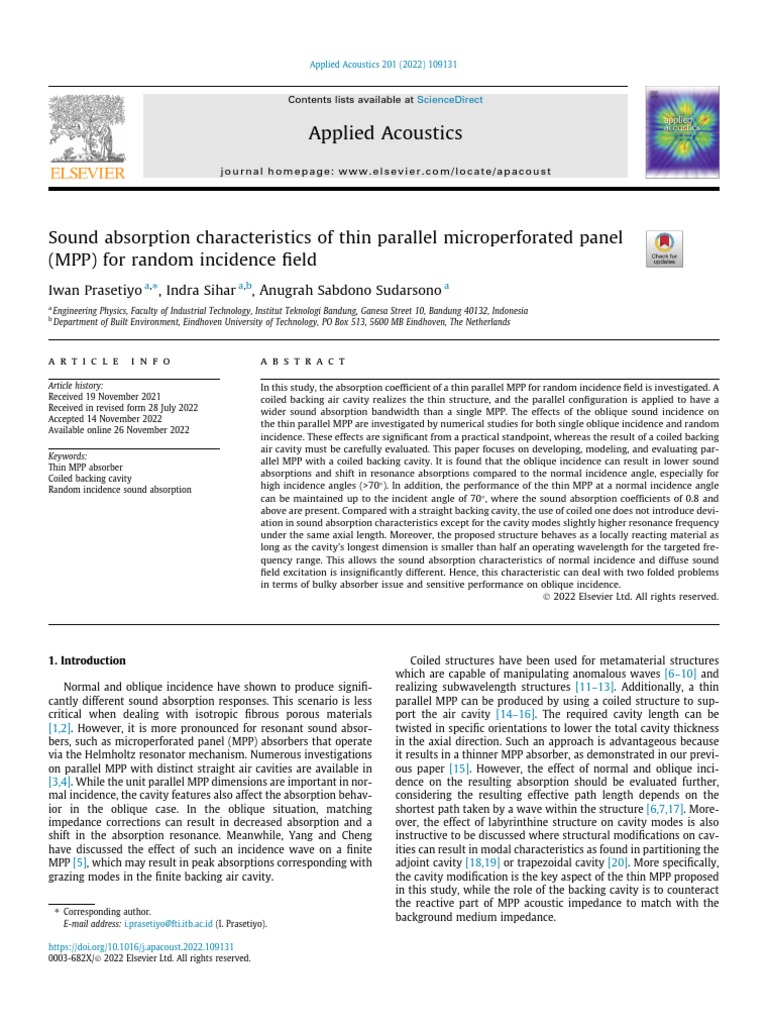 (2022) Sound Absorption Characteristics of Thin Parallel Microperforated Panel (MPP) For Random ...