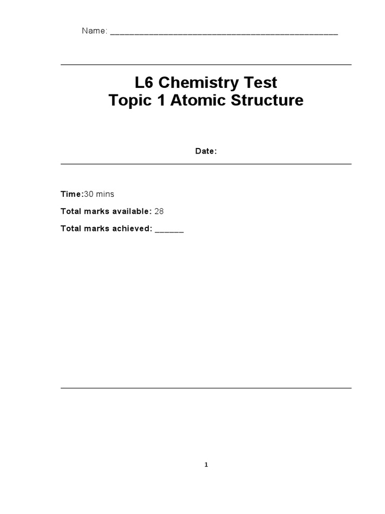 L6 Chemistry Test: Atomic Structure | PDF | Atoms | Ion